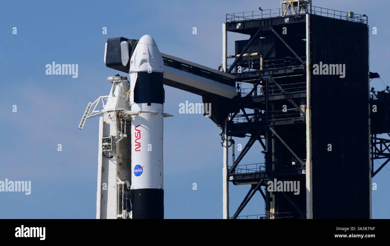 March 14, 2025, Merritt Island, Florida, USA: A SpaceX Falcon 9 rocket with the Crew Dragon ...