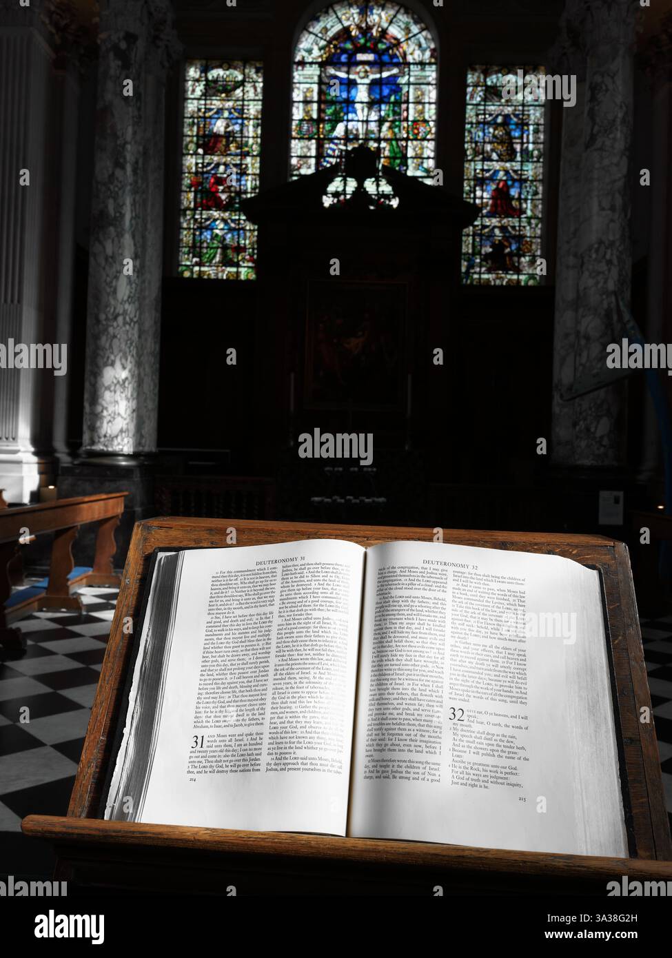 Bible, open at the book of Deuteronomy, in the chapel at Pembroke ...