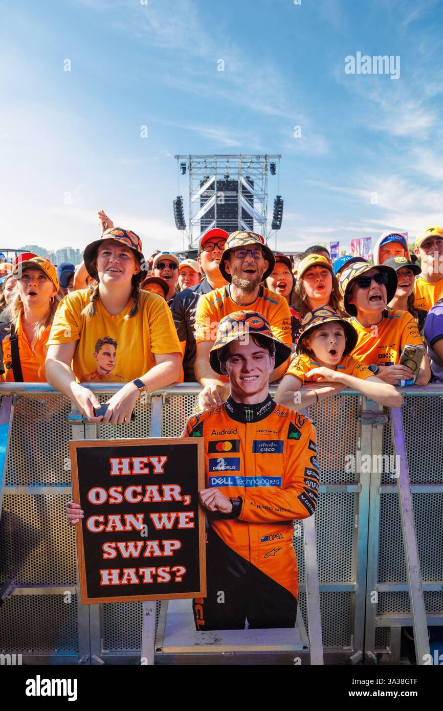 Melbourne, Australia. 14th Mar, 2025. McLaren fans in the crowd cheer ...