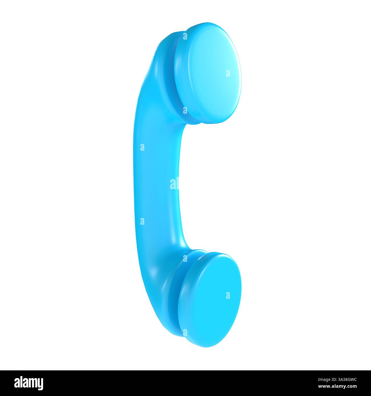 A bright blue telephone handset rests on a clean white surface ...