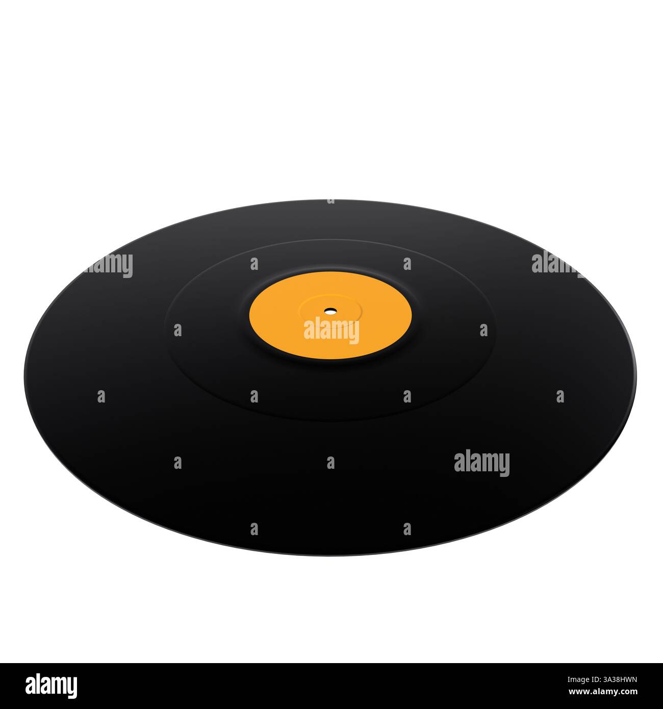 A black vinyl record with a bright yellow label sits on a clean white ...