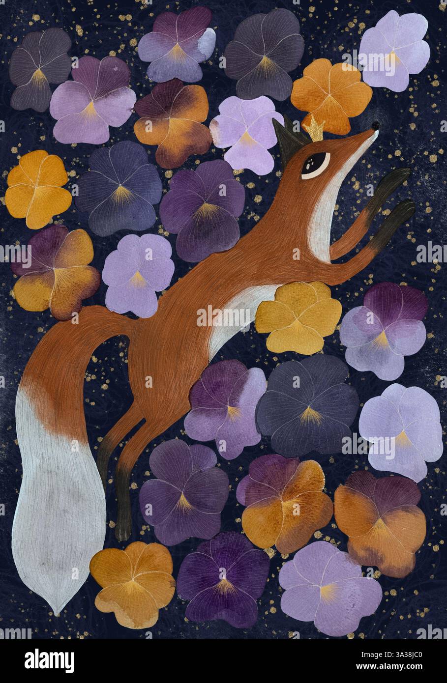 Watercolor red fluffy fox in motion surrounded by purple and yellow ...