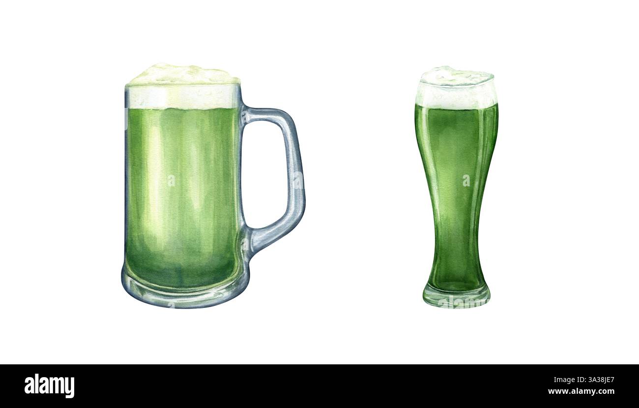 Watercolor full green ale glass with foam cap clip art illustration ...