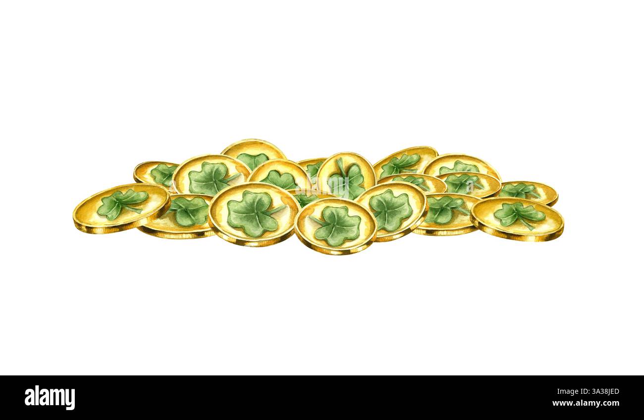 Watercolor golden shamrock coins heap illustration isolated background ...