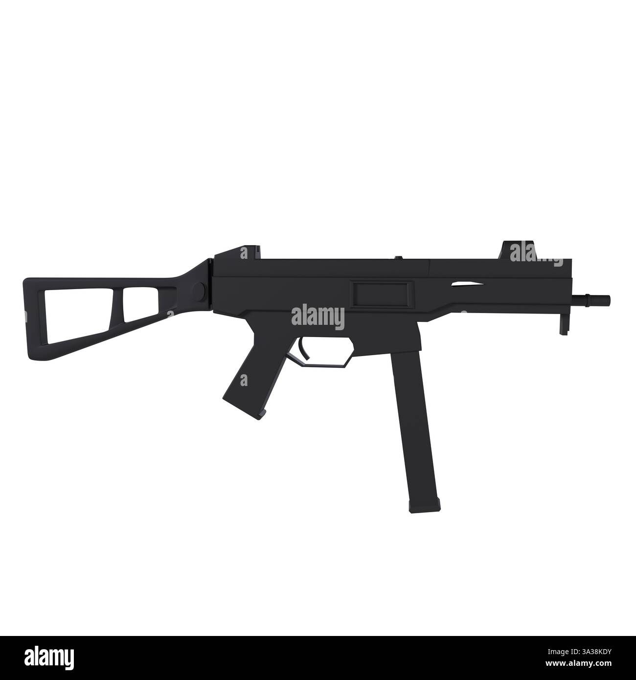 A black submachine gun resting on a white surface highlights its sleek ...