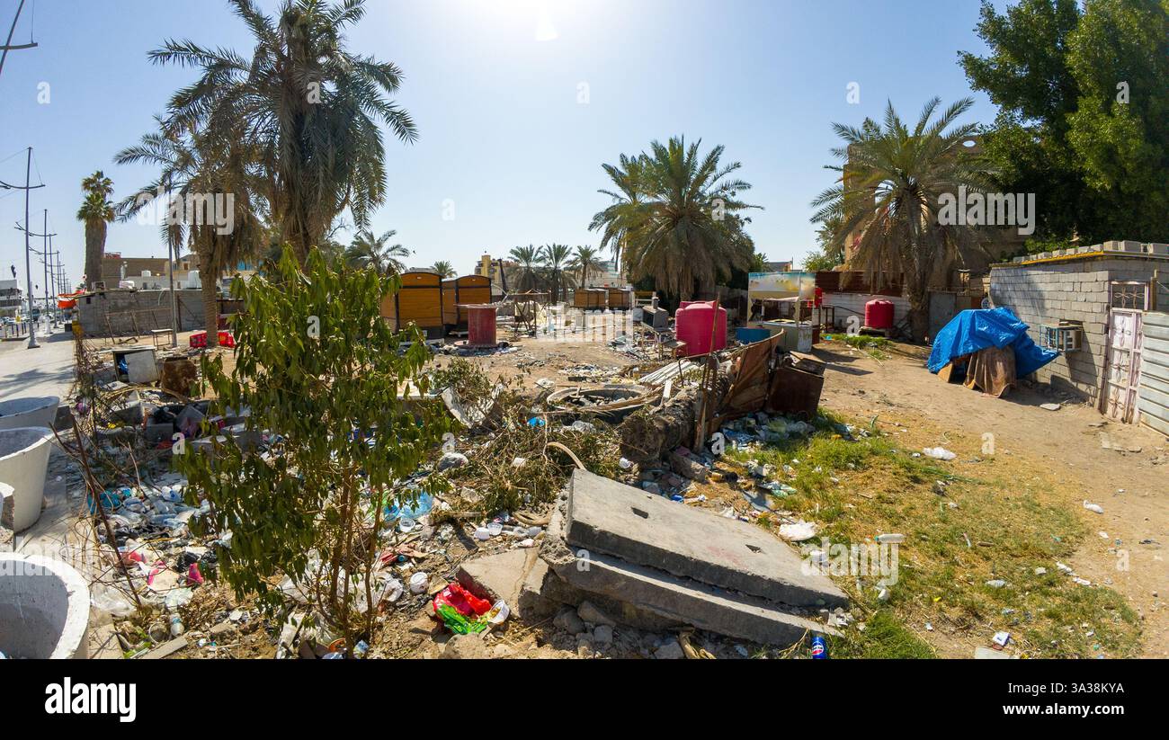 A neglected urban area with palm trees, scattered trash, and makeshift ...