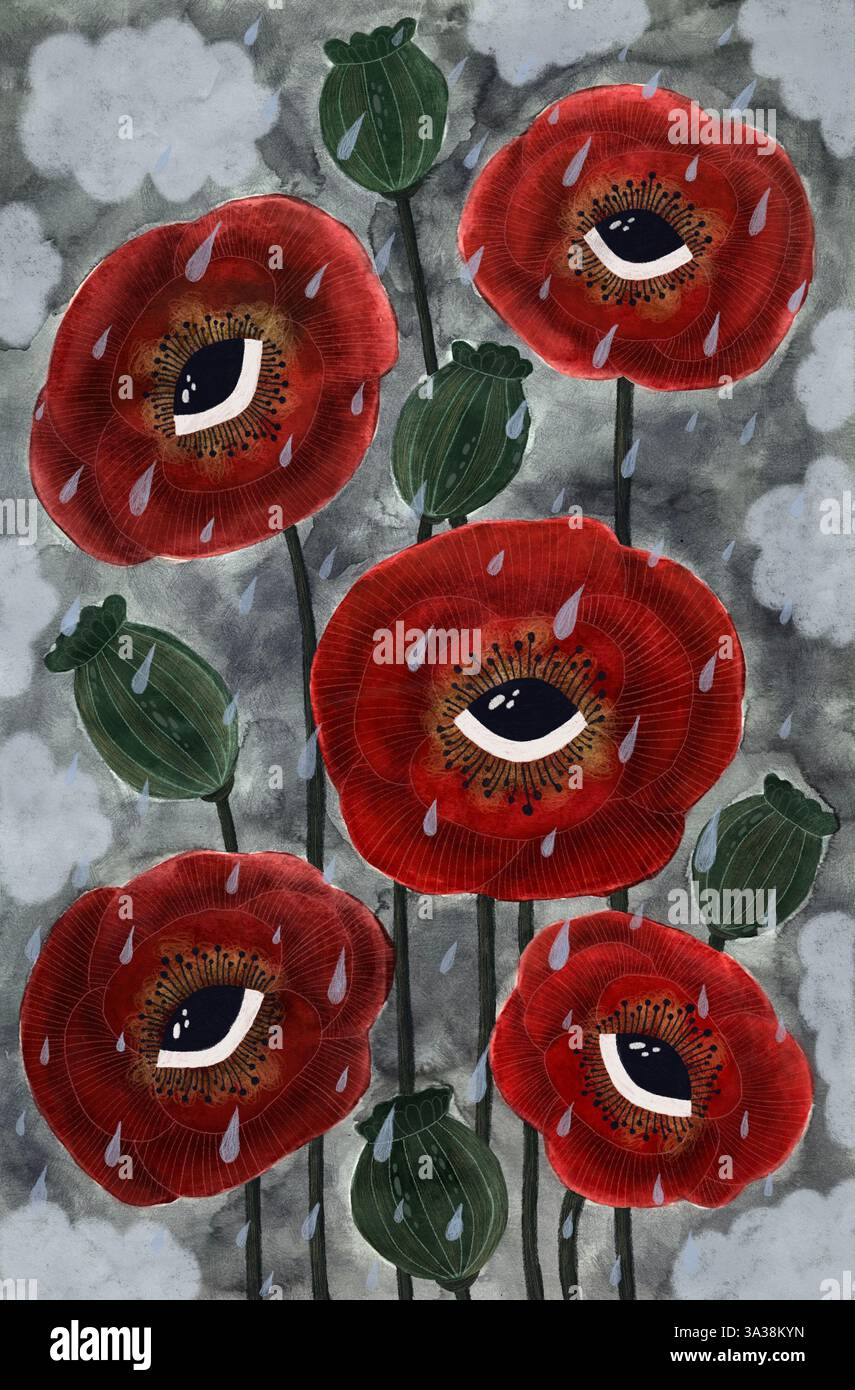 Watercolor bright red poppy flowers in the rainy and cloudy background ...
