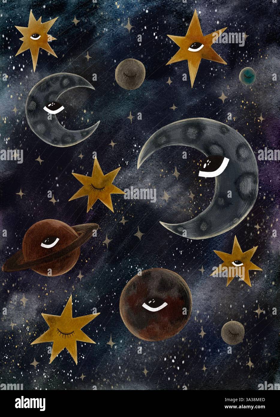 Watercolor planets of the solar system on the starry and dark universe background, Hand-drawn ...