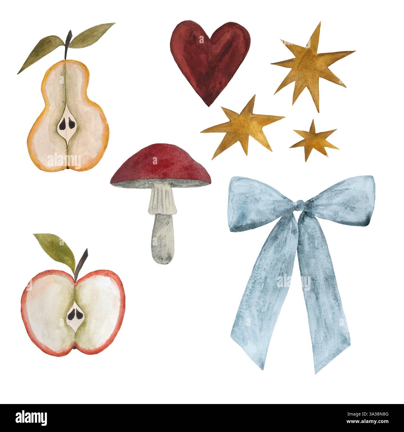 Watercolor set of illustrations, Hand painted half of pear with seeds ...