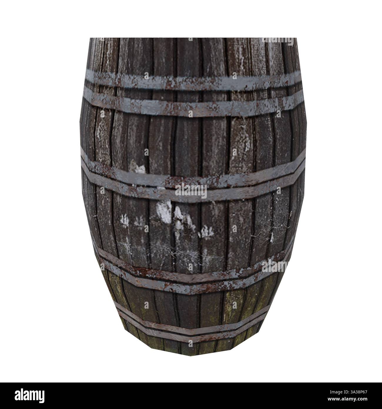 This wooden barrel features weathered texture and metal bands, suitable ...