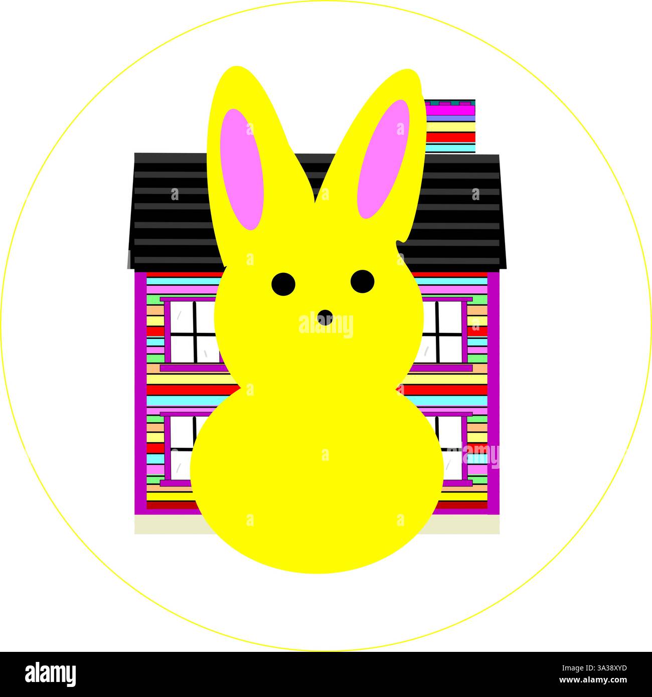 Easter marshmallow yellow peep in front of a multi colored rainbow ...