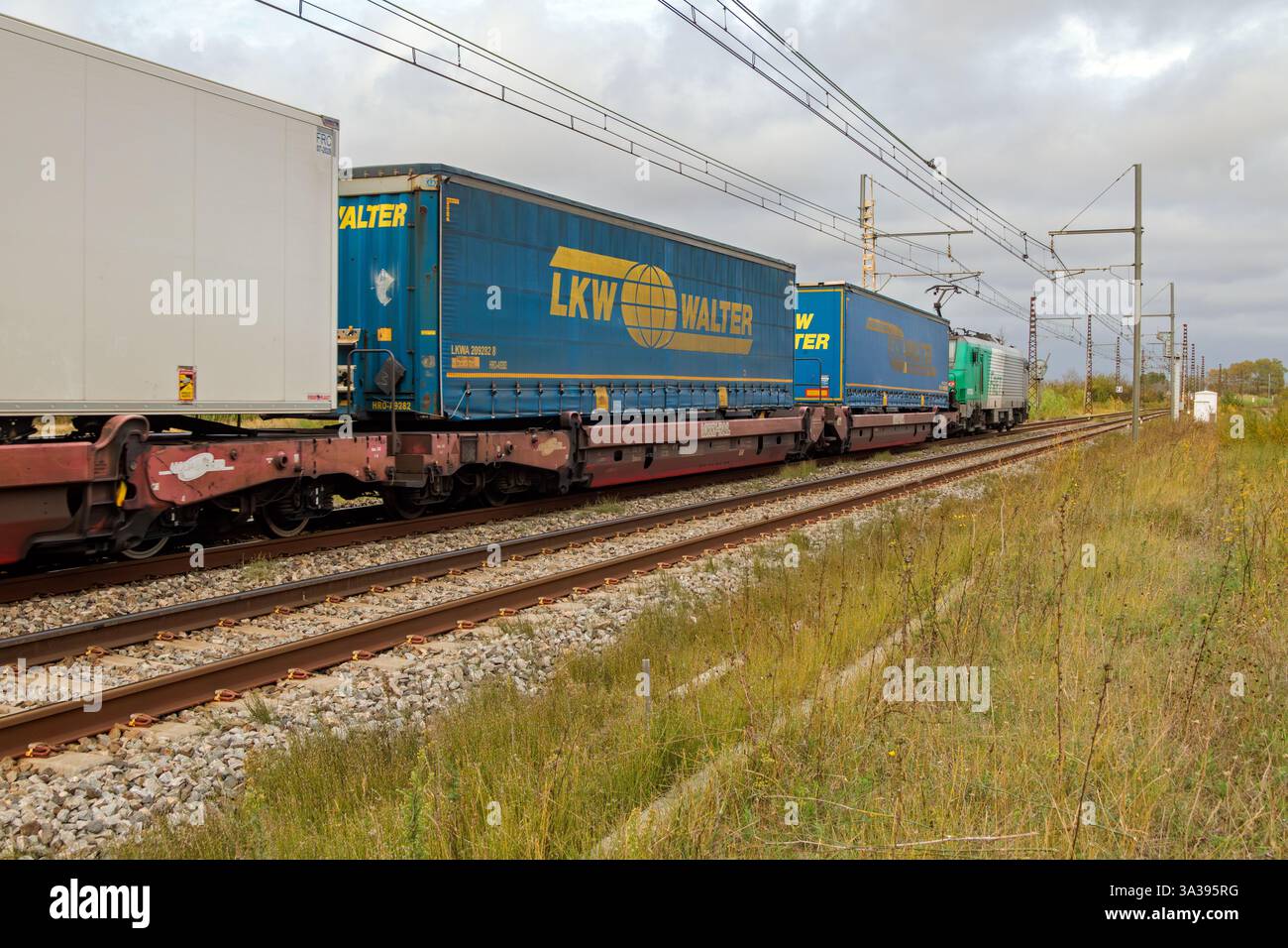 Rail freight transport between Beziers and Narbonne. Occitanie, France ...