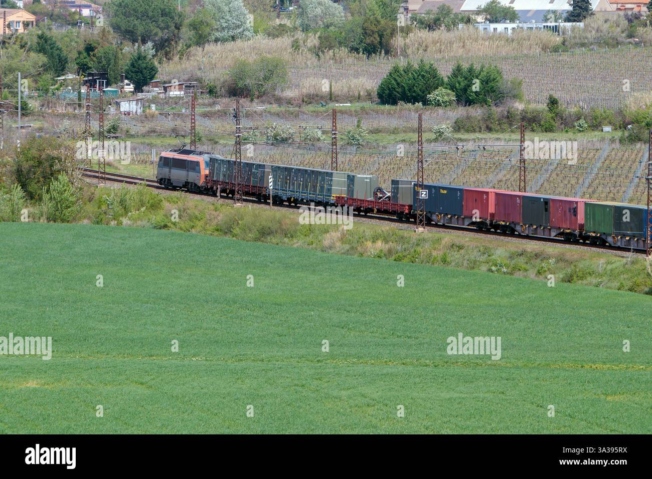 Rail freight transport between Beziers and Narbonne. Occitanie, France ...