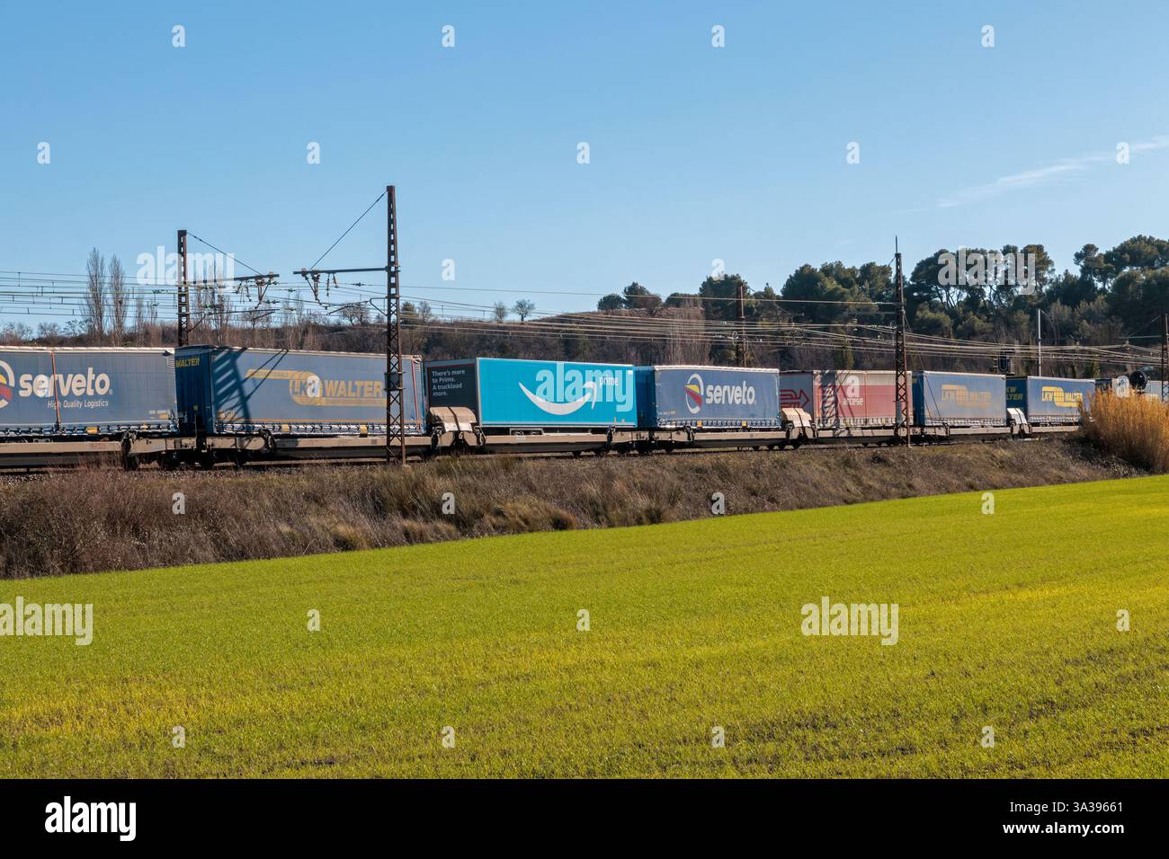 Rail freight transport between Beziers and Narbonne. Occitanie, France ...