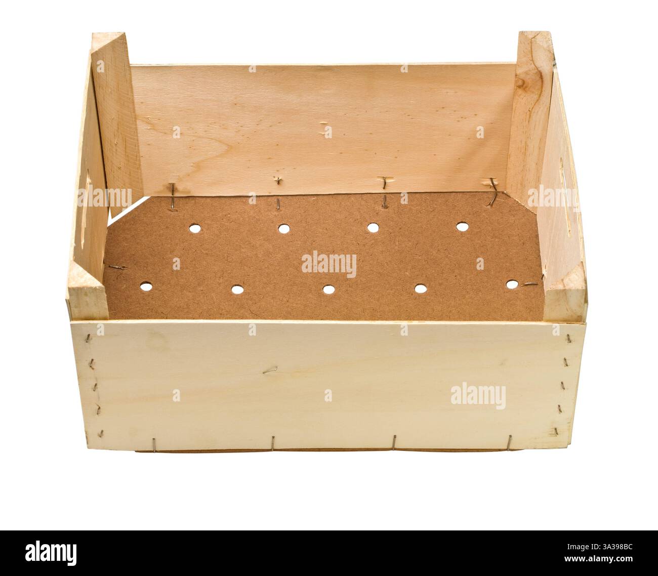 Light wooden crate with holes in its base, isolated on white background ...
