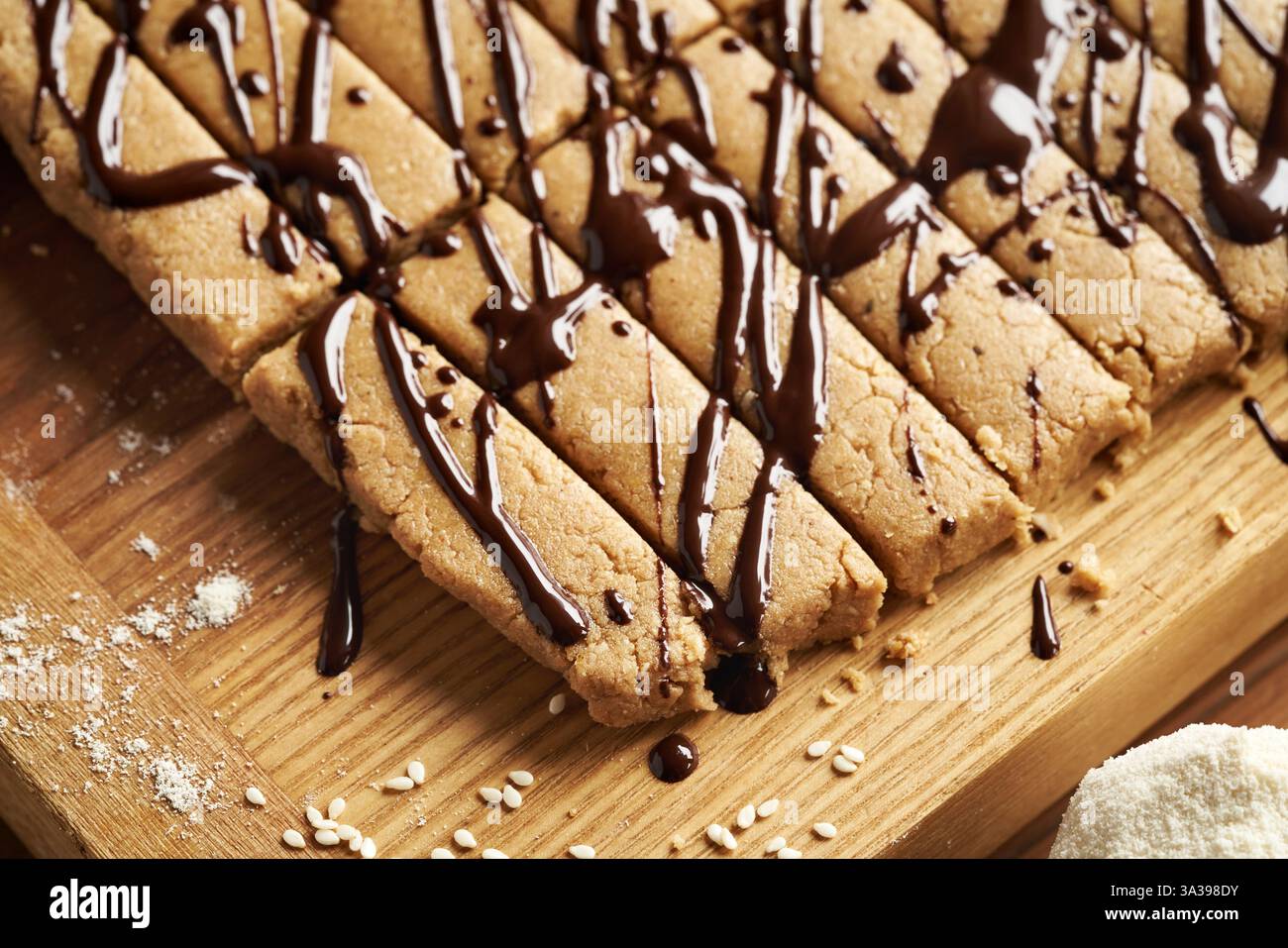 Homemade healthy snack bars made of whey protein powder, ground oat ...