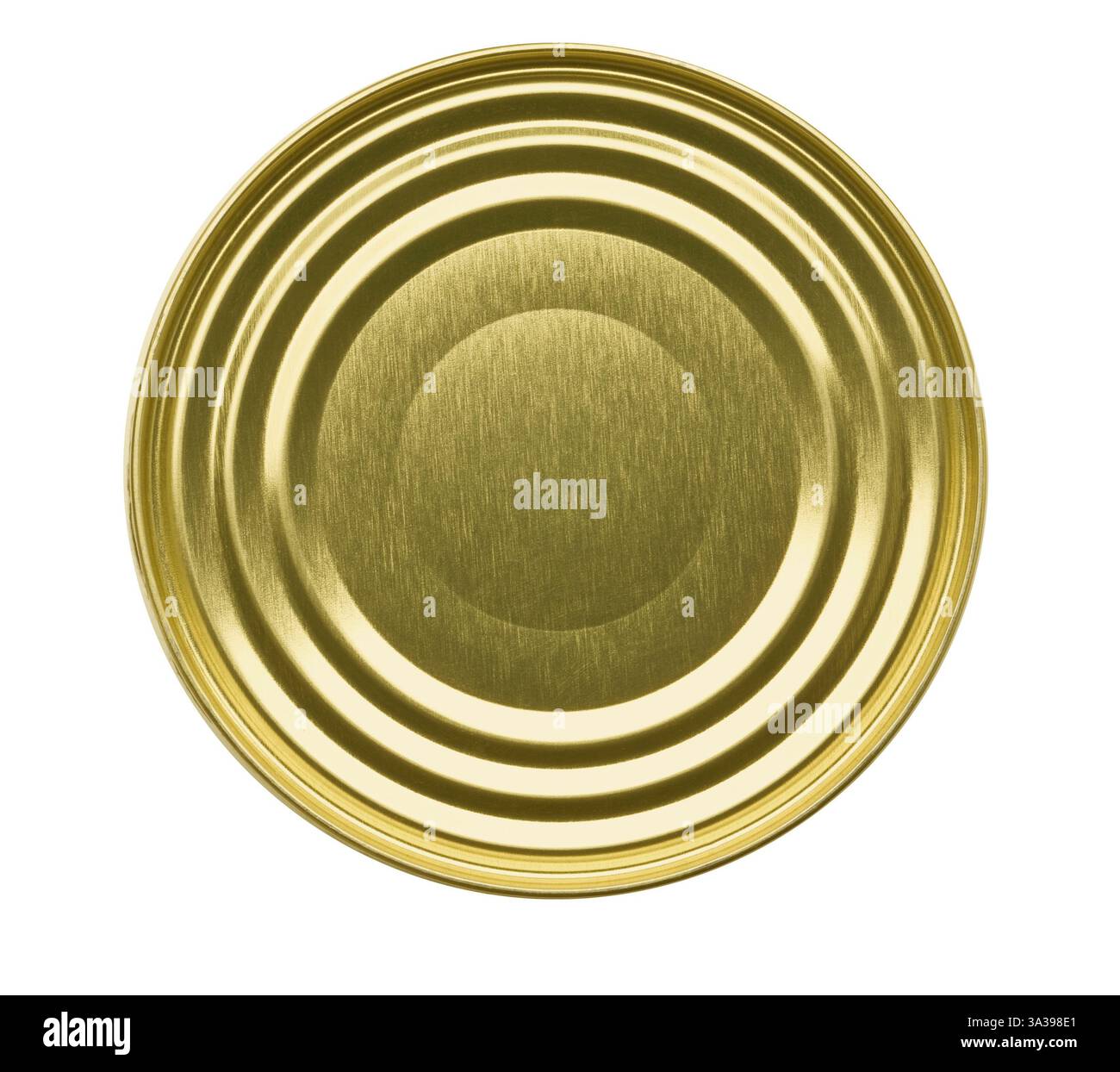 Close-up of a golden metal can lid, showing concentric circles and a ...