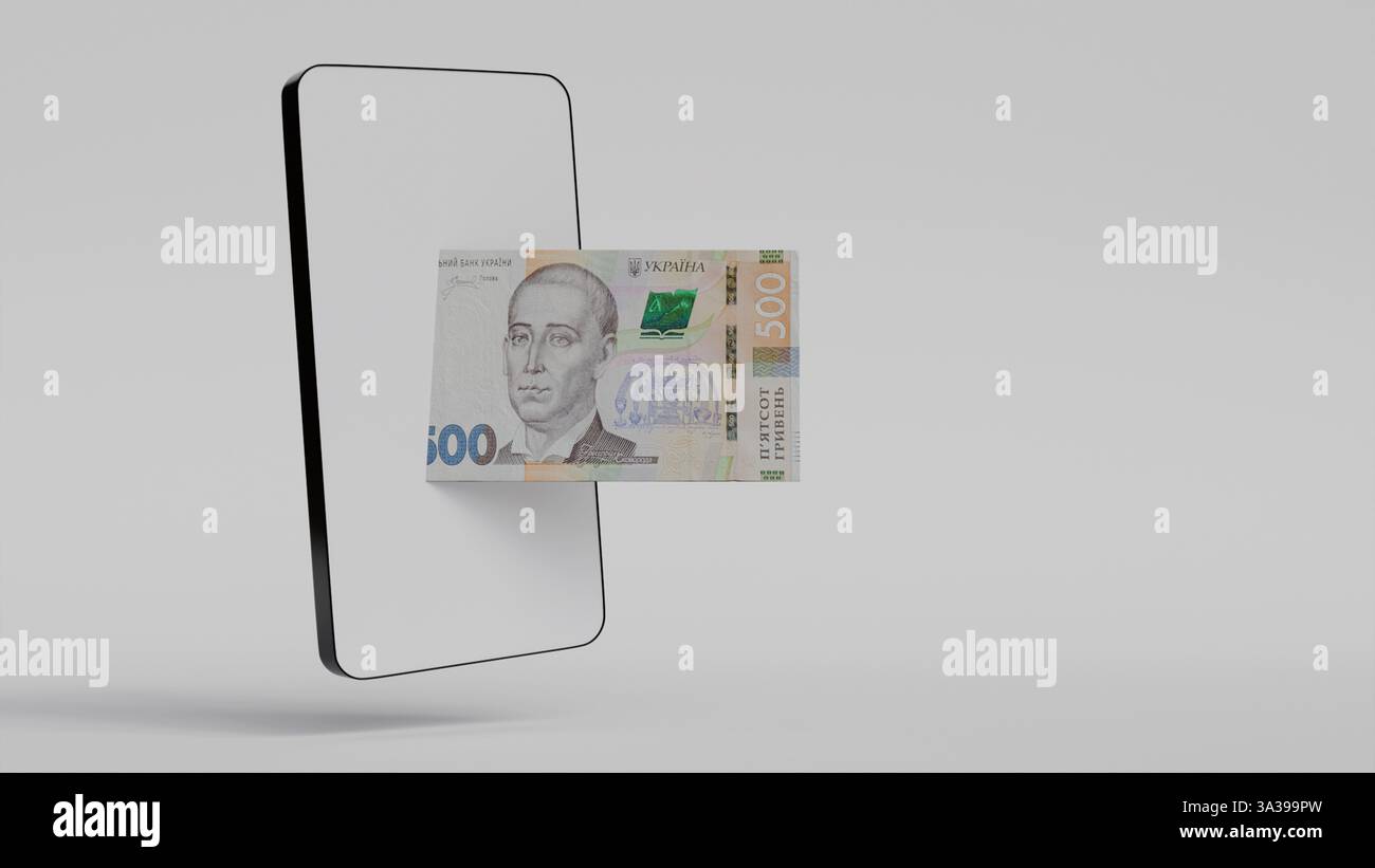 3D model of a five hundred hryvnia banknote sticking out of a phone ...