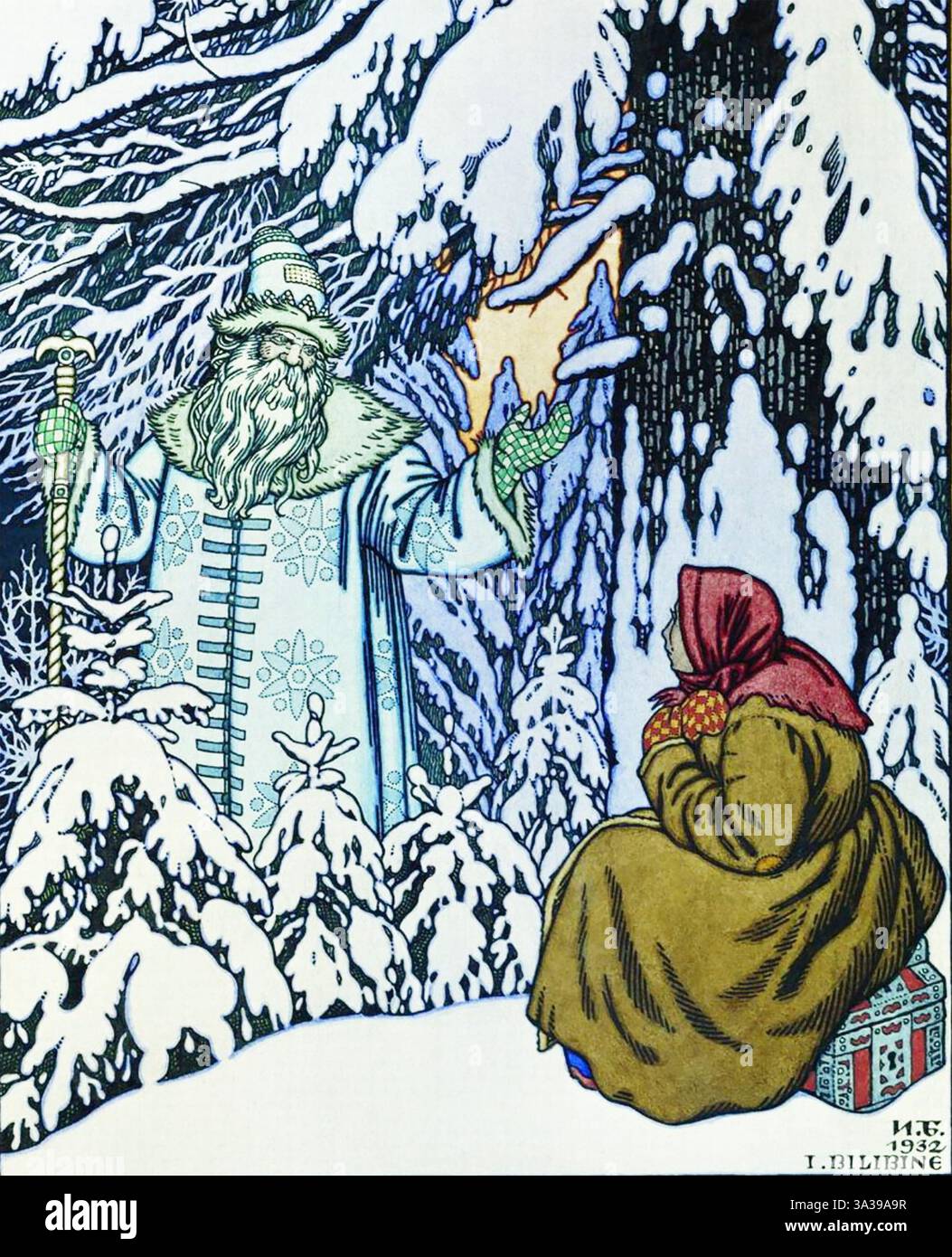 FATHER FROST Russian fairy tale by Ivan Bilibin, 1932. Frost is testing ...