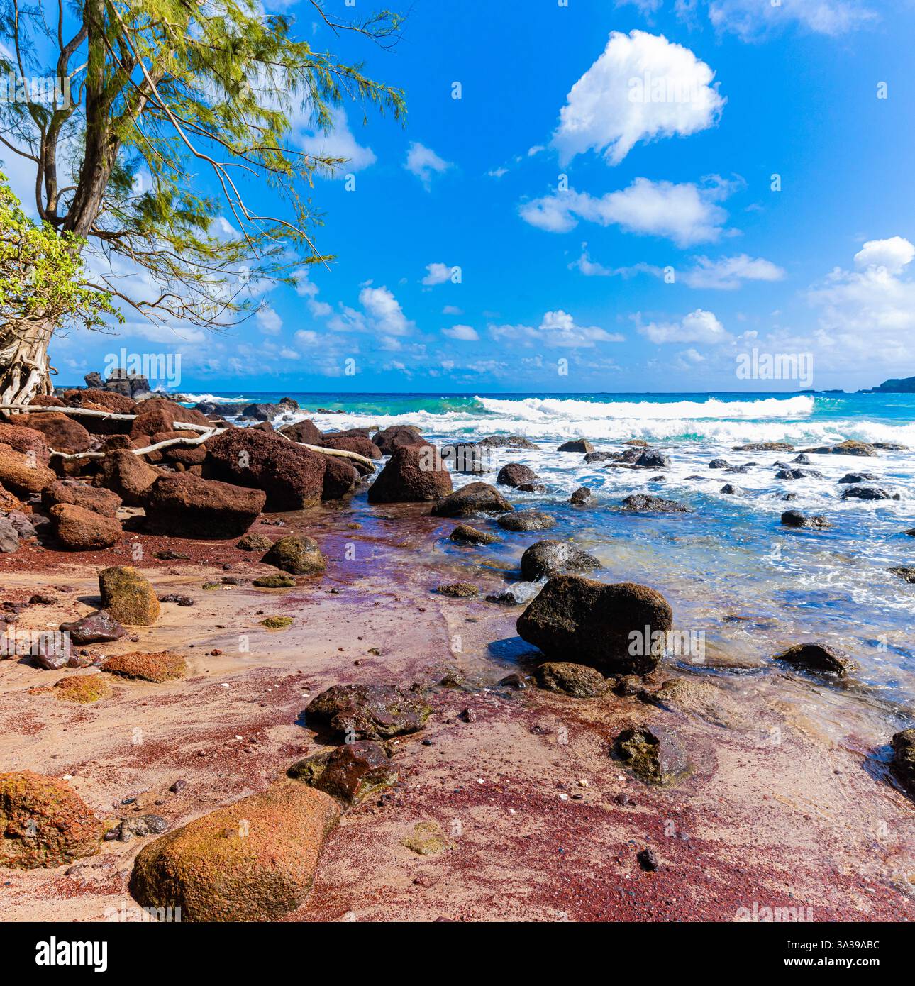 Red Boulders and The Red Sand Of Koki Beach, Koki Beach Park, Hana, Maui, Hawaii, USA Stock ...