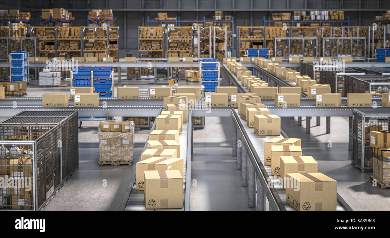 Cardboard boxes on conveyor belts distribution warehouse 3d Stock Photo ...