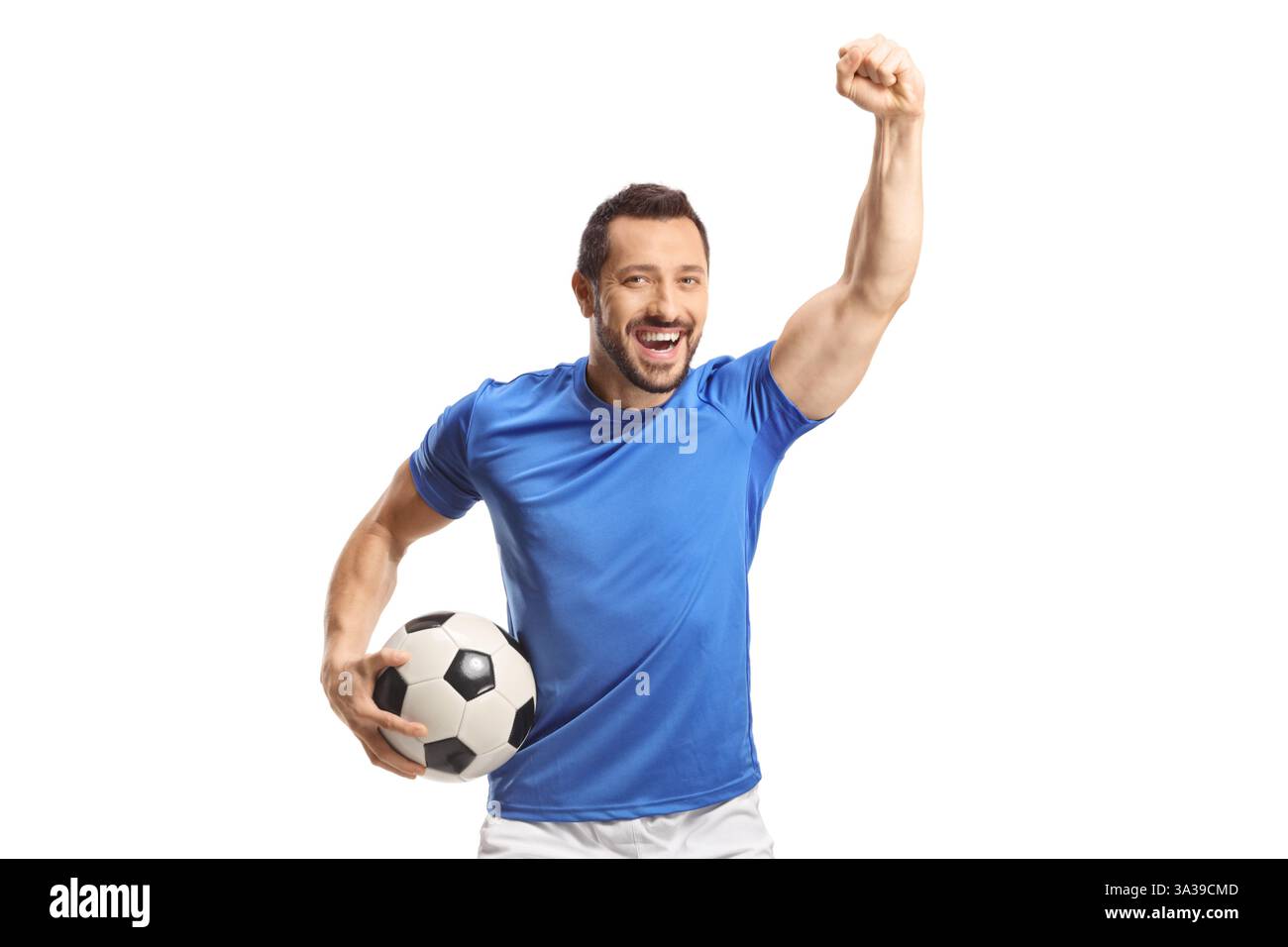 Excited fotball player holding a ball celebrating goal isolated on ...