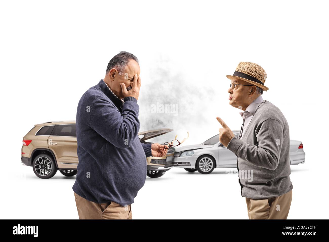 Men arguing after a car collision isolated on white background Stock ...