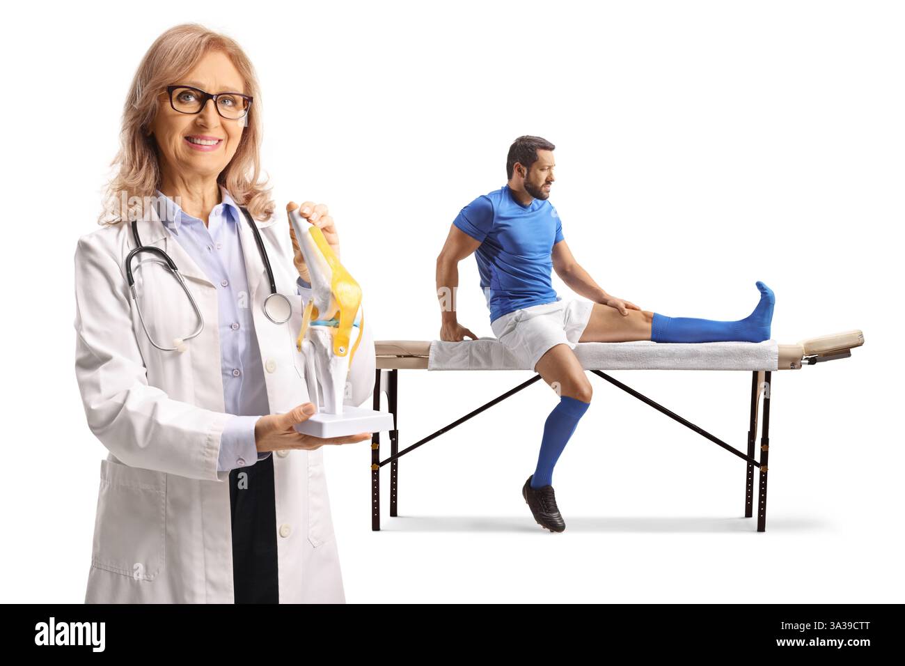 Sports athlete sitting on a therapy table and doctor holding a knee ...