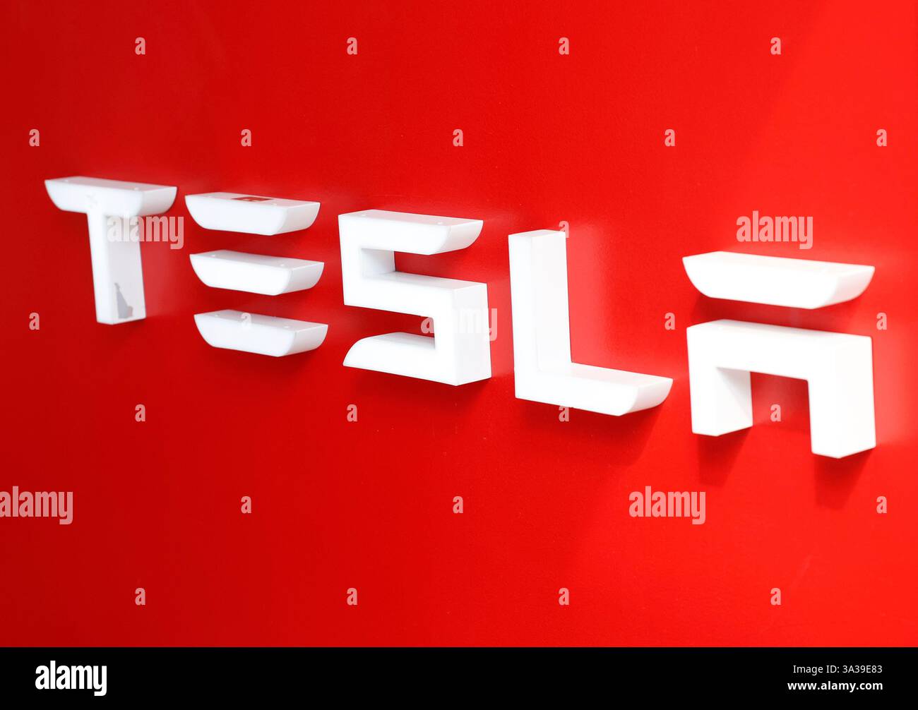 New York, United States. 14th Mar, 2025. The Tesla logo is on display ...