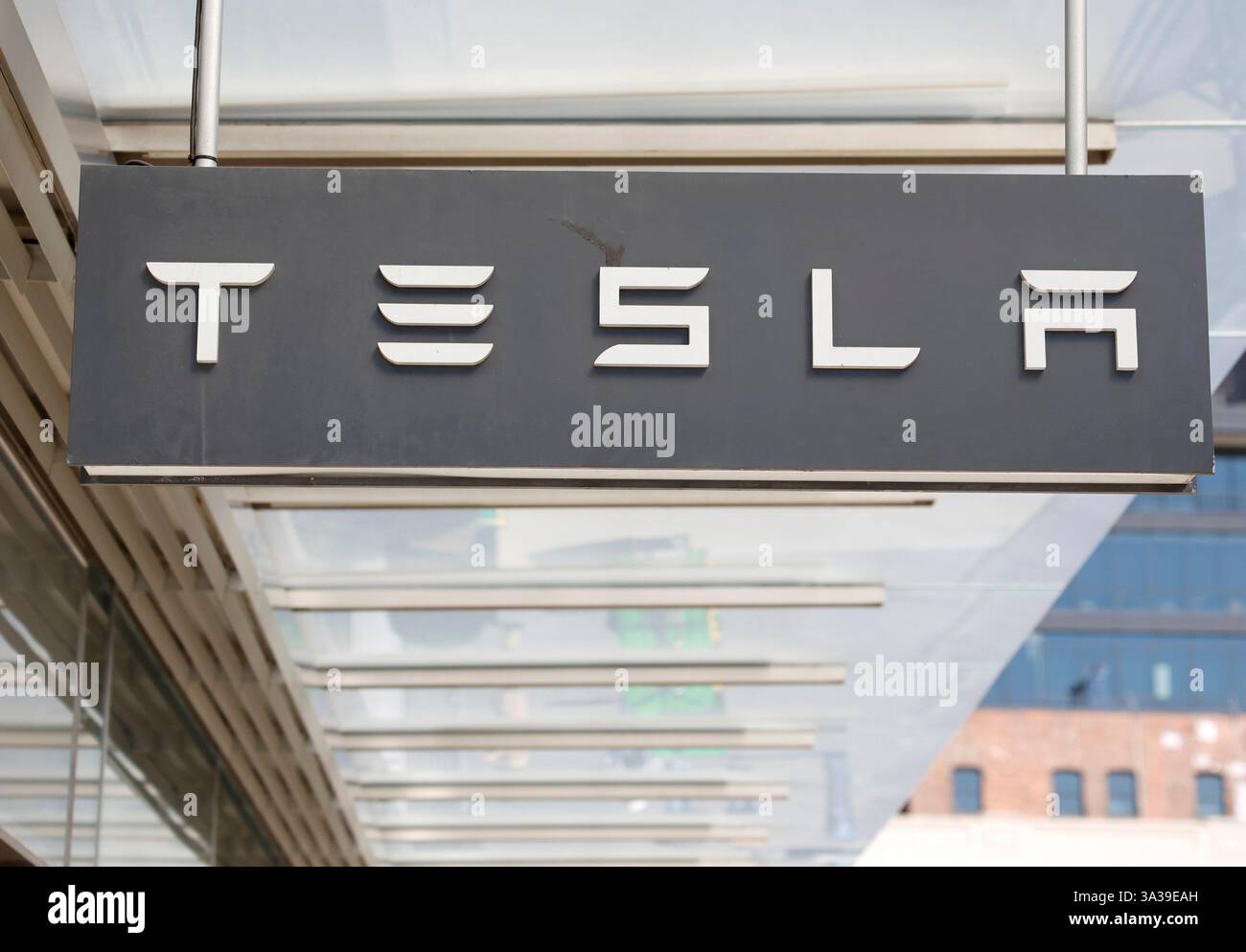 New York, United States. 14th Mar, 2025. The Tesla logo is on display ...