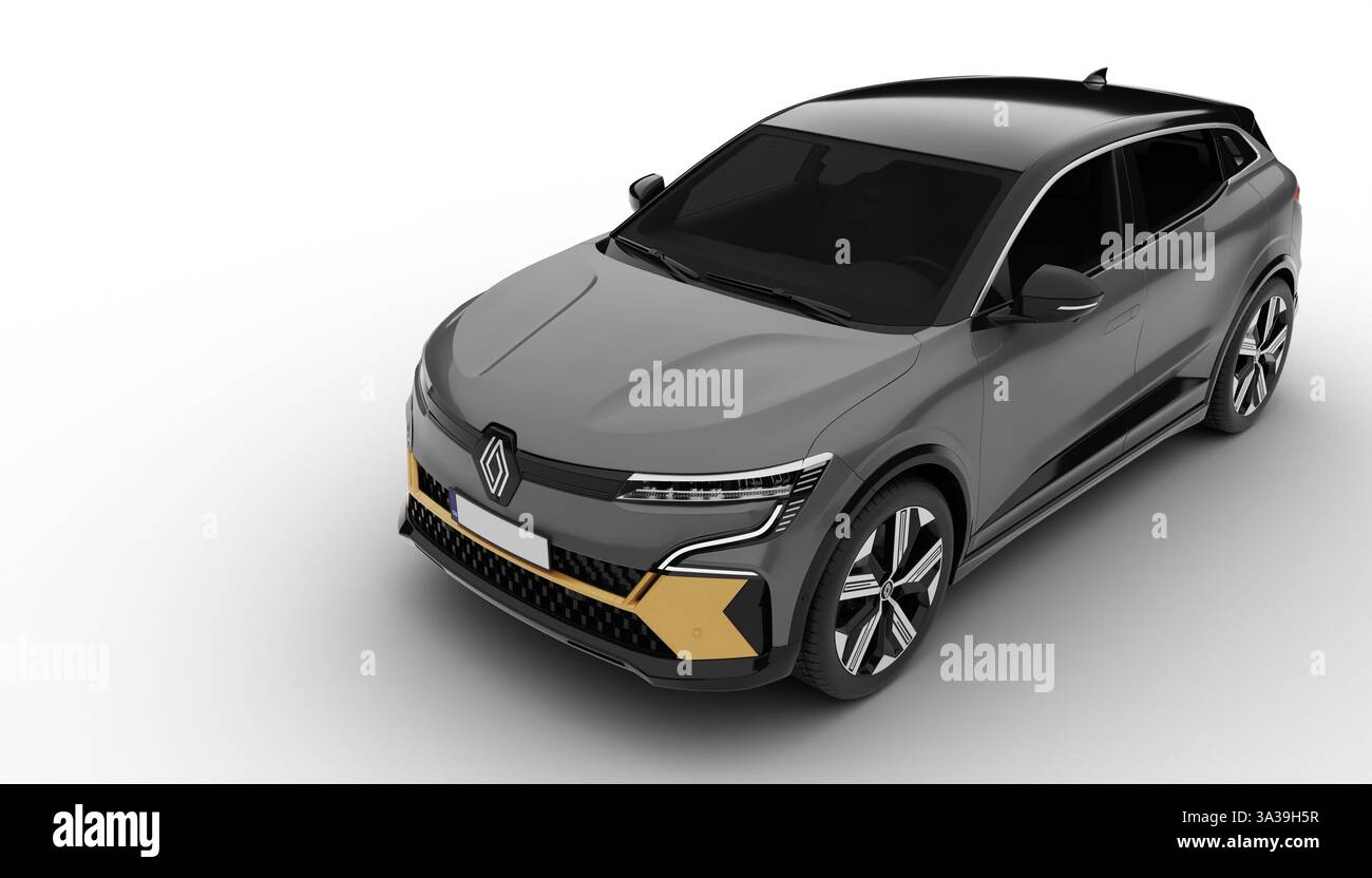 Izmir, Turkey - Mar 13 2025: Gray Renault Megane E-Tech at a front left ...