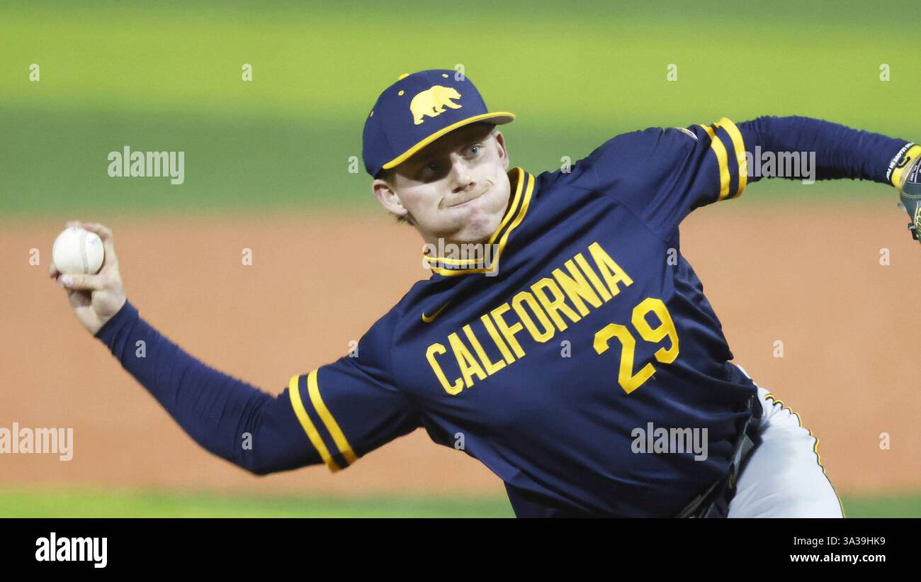 California pitcher Miles Tenscher (29) pitches during an NCAA baseball ...