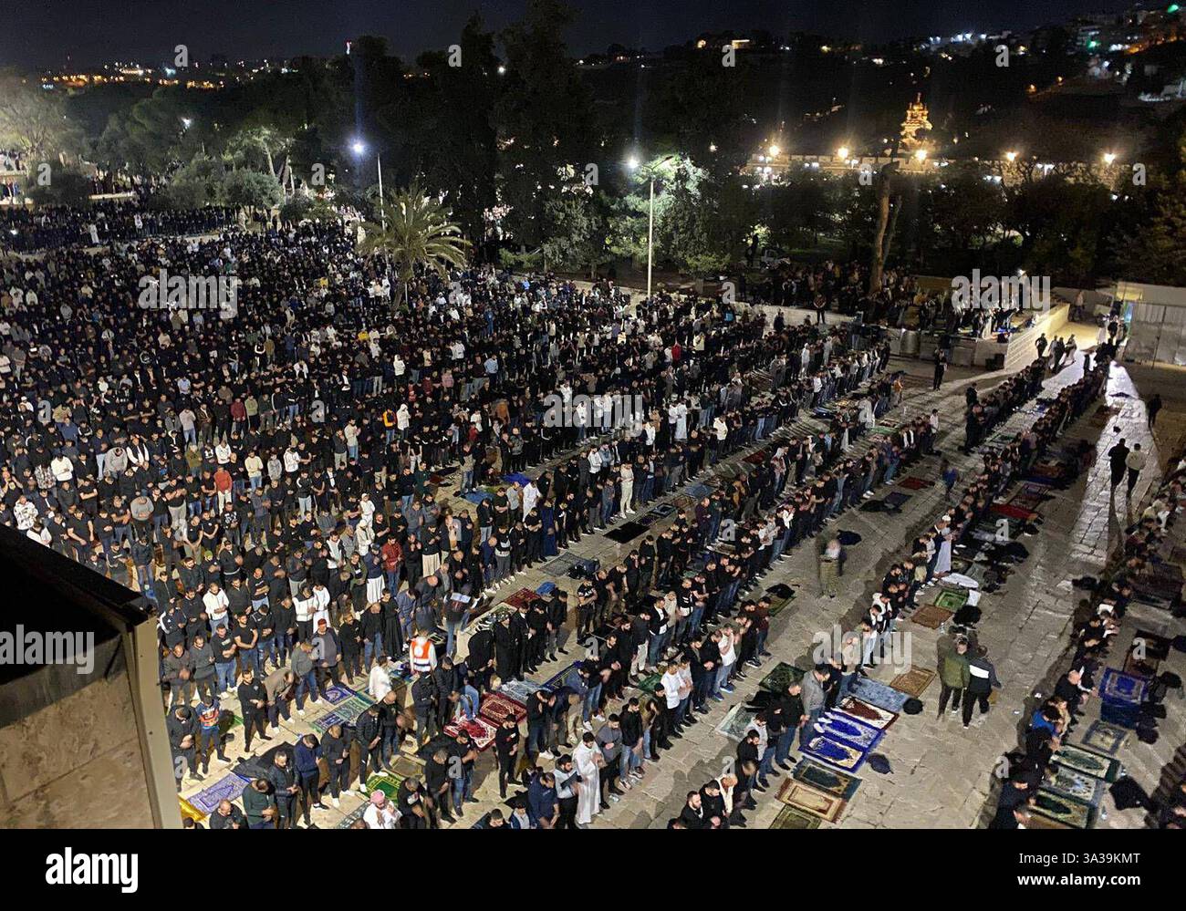 Muslim worshippers hold the Taraweeh evening prayer of Ramadan in the ...