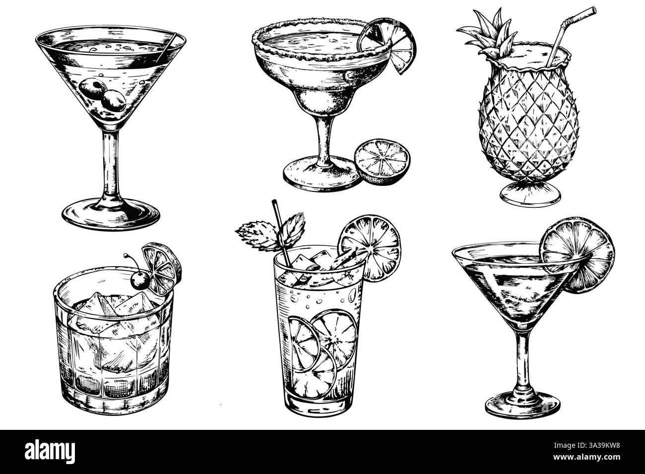 Set of sketches of fashionable cocktails on a white background Stock ...