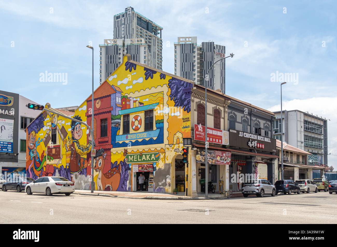 Street art depicting popular tourist attractions and river cruise in ...