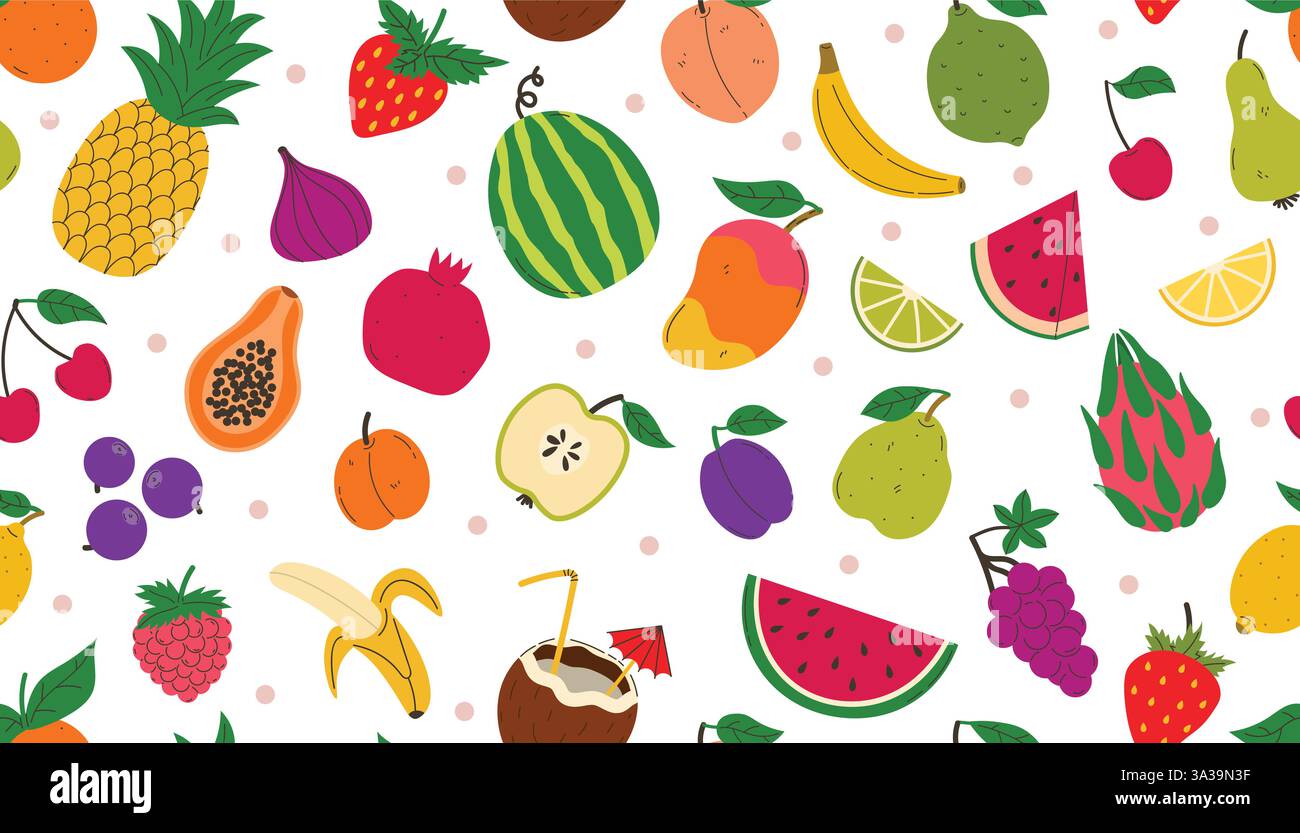 Fruits seamless pattern with different summer fruits and berries ...