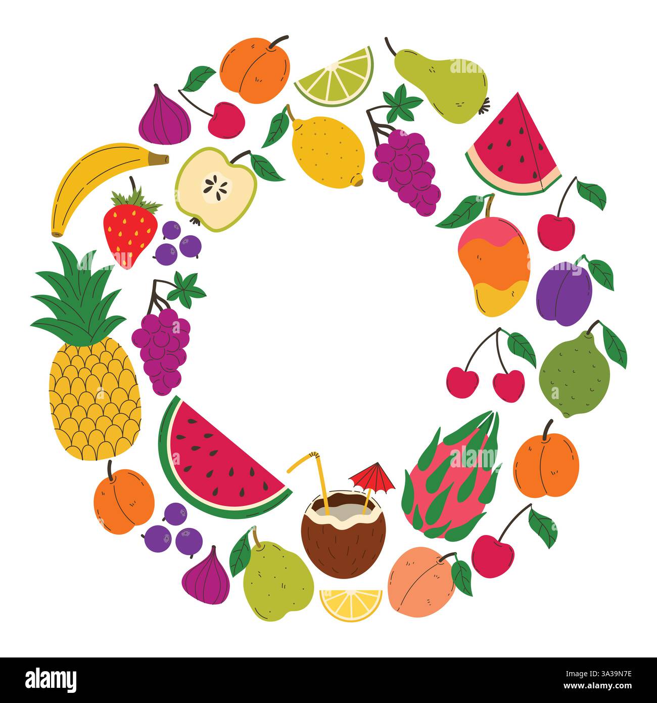 Bright summer round border with fruits and berries isolated on white ...