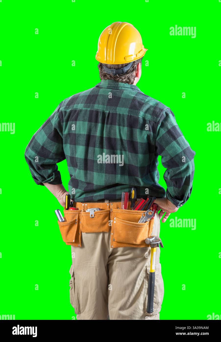 Rear View of Construction Worker Wearing Tool Belt and Holding Hard Hat ...