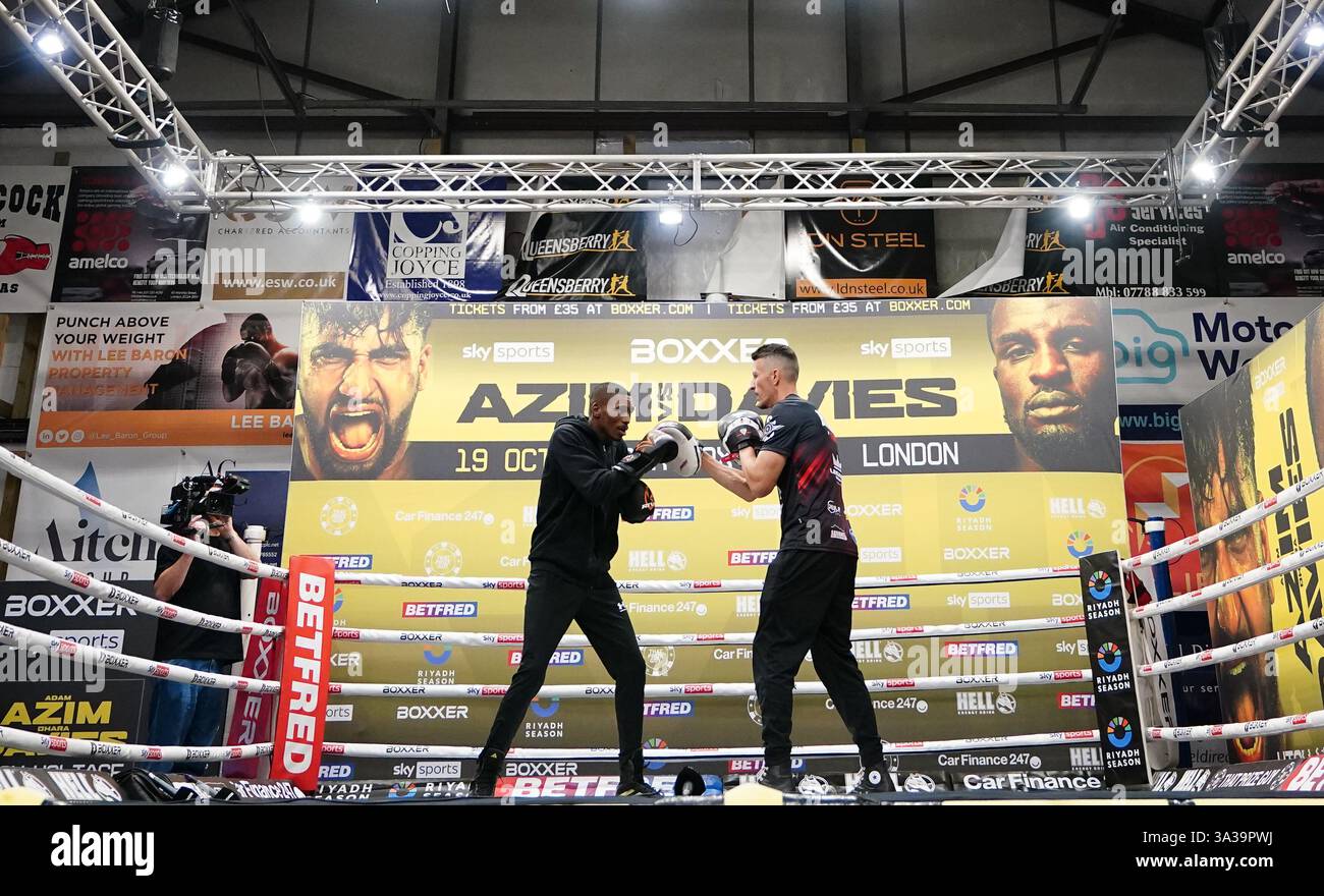 Thulani Mbenge (left) during a media workout at the Peacock Gym, London ...