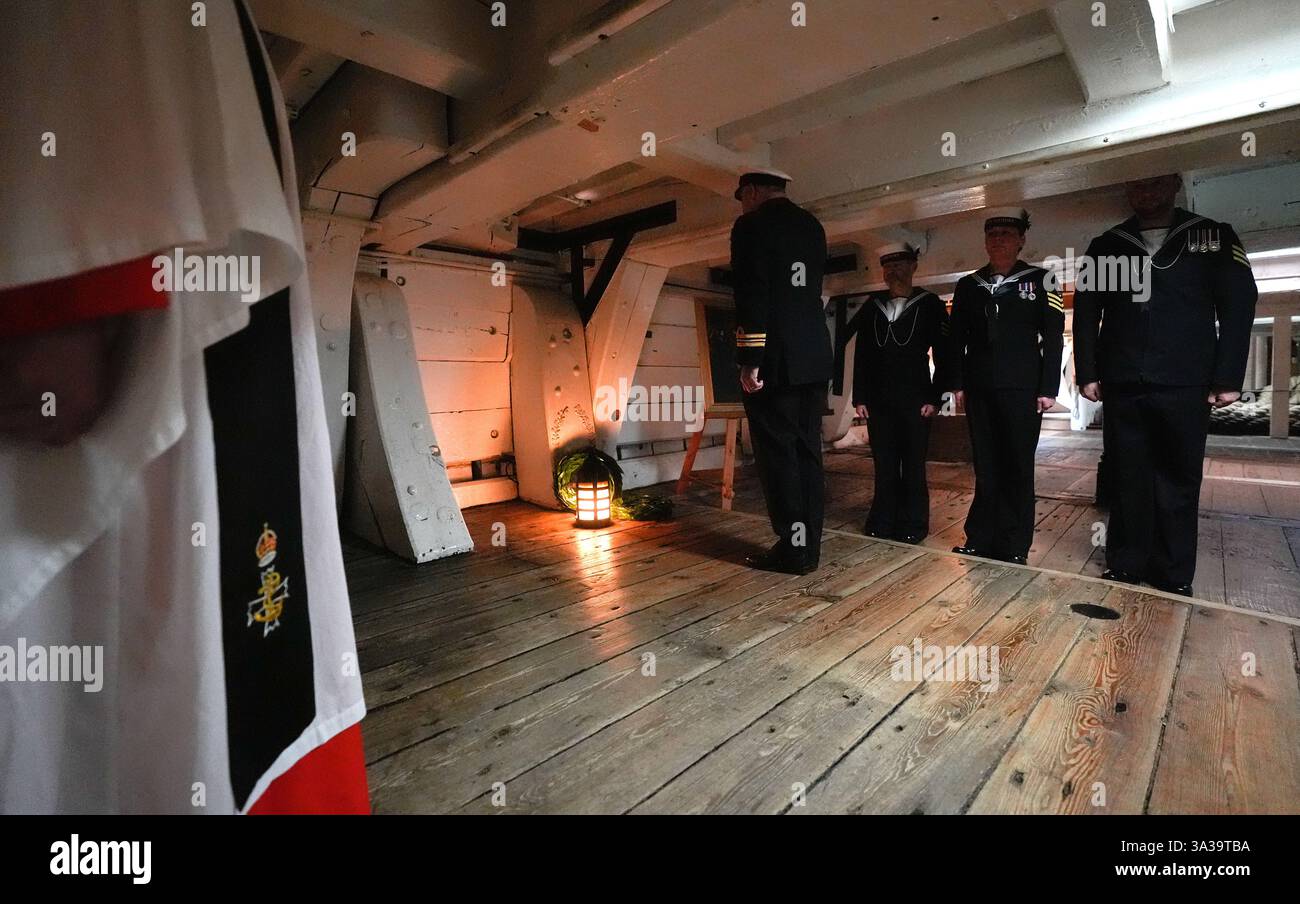 A wreath is laid on the Orlop deck at the spot where Vice-Admiral ...