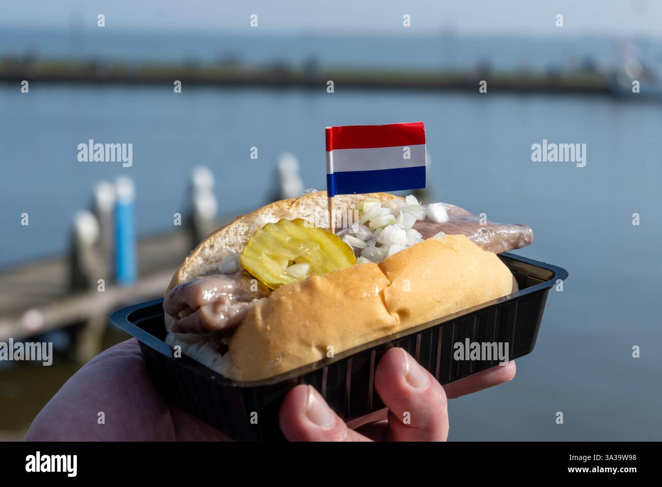 Famous barrel salted herring fish from the North Sea, fresh bun with ...