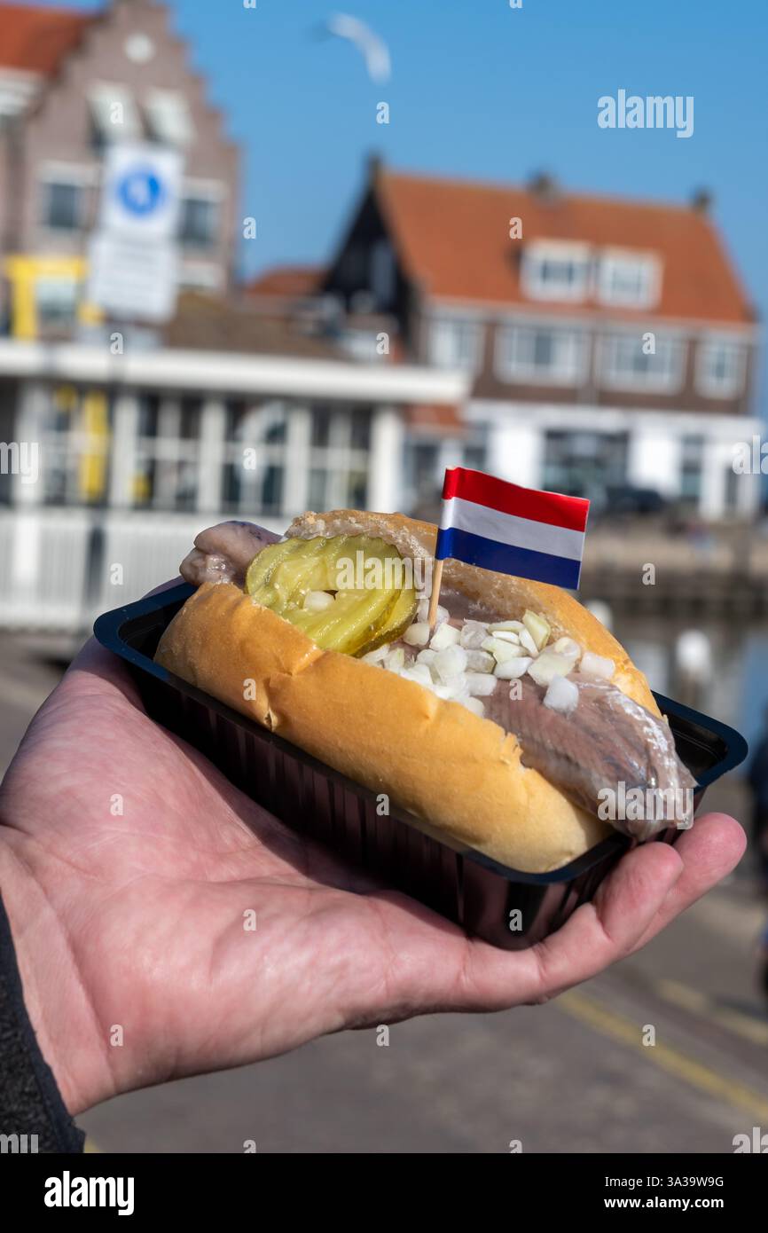 Famous barrel salted herring fish from the North Sea, fresh bun with ...