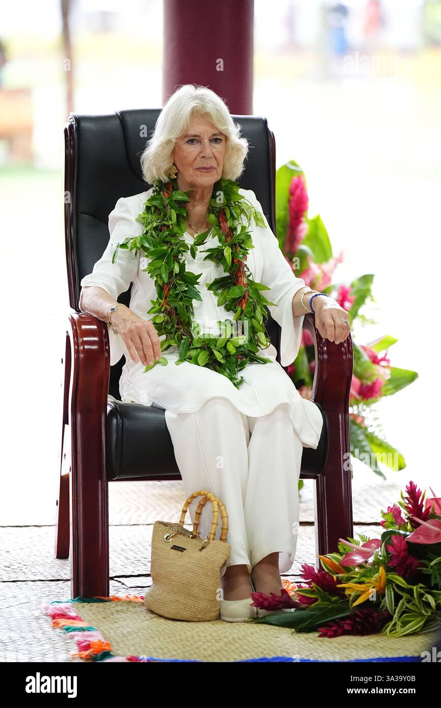 Queen Camilla during a visit to the Samoan Cultural Village in Apia ...