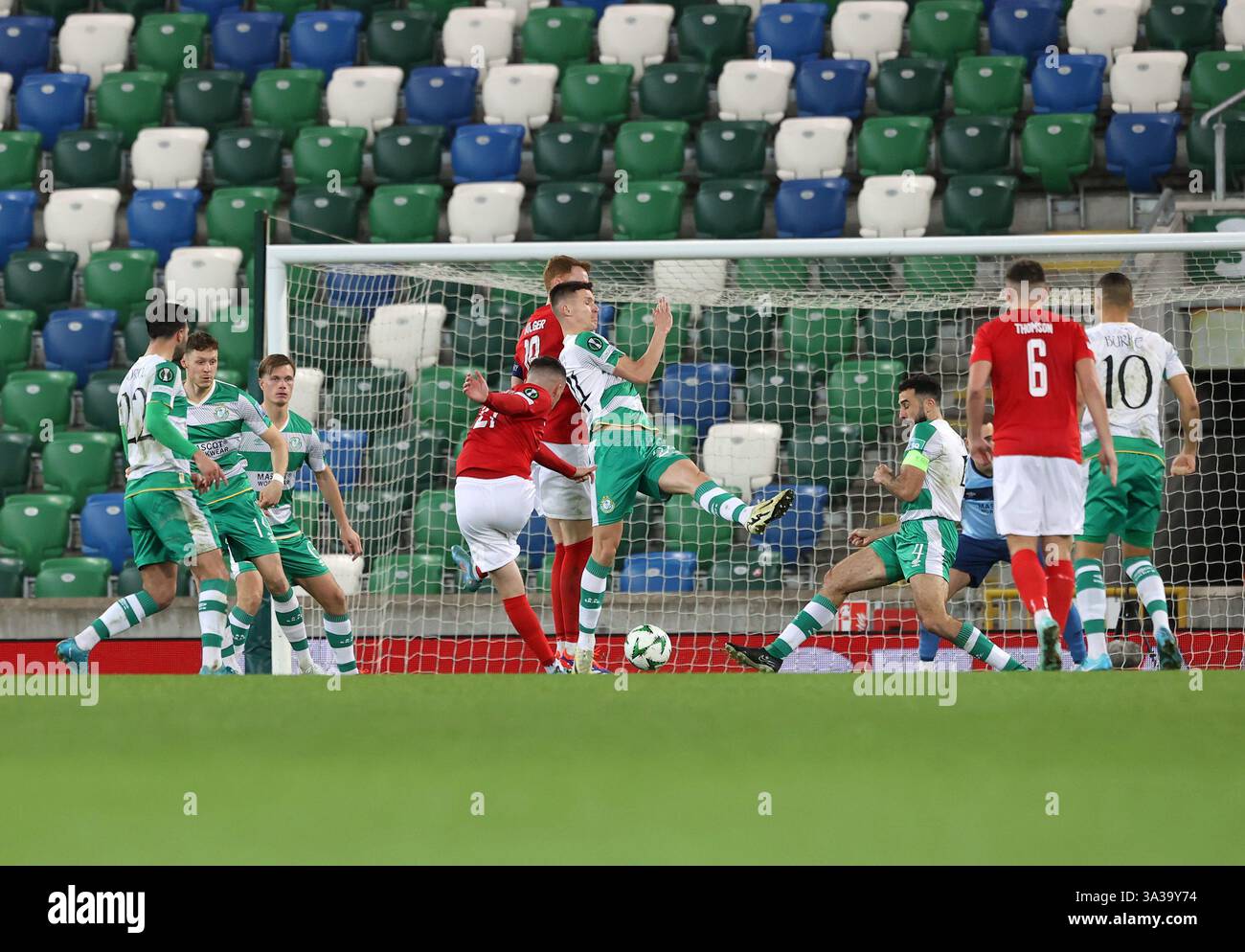 Larne’s Christopher Gallagher scores their side's first goal of the ...