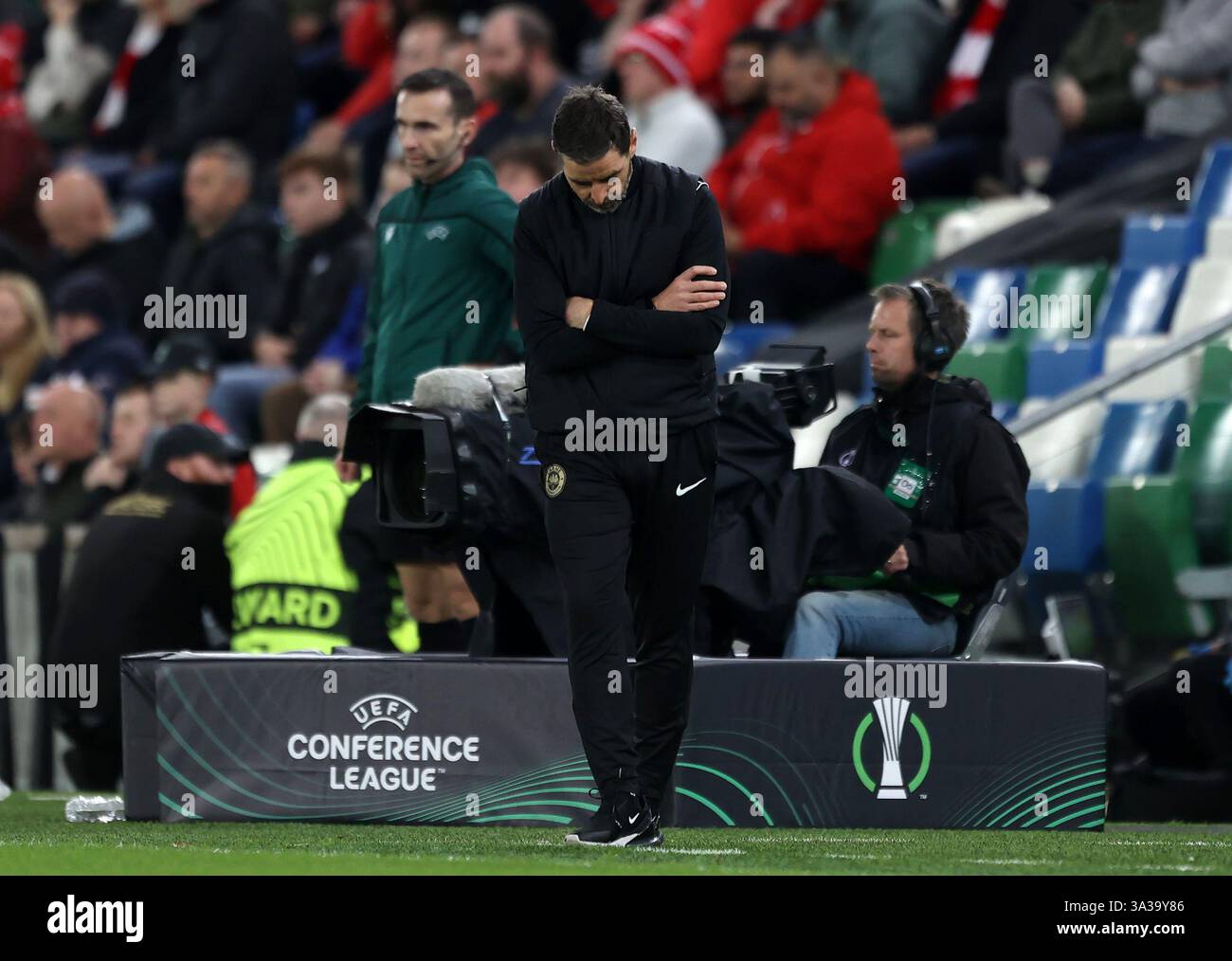 Larne manager Tiernan Lynch shows dejection after their side’s defeat in the UEFA Europa ...