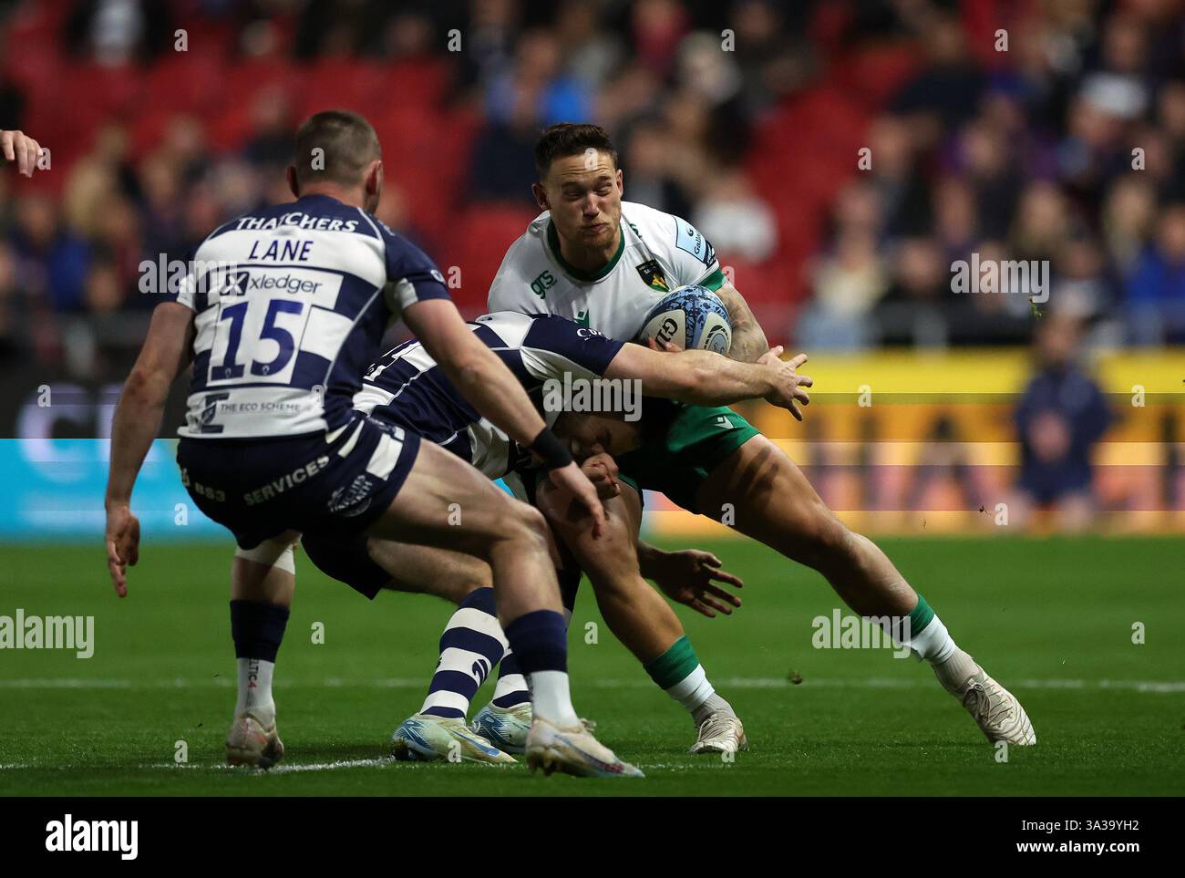 Northampton Saints’ James Ramm is tackled by Bristol Bears’ Jack Bates ...