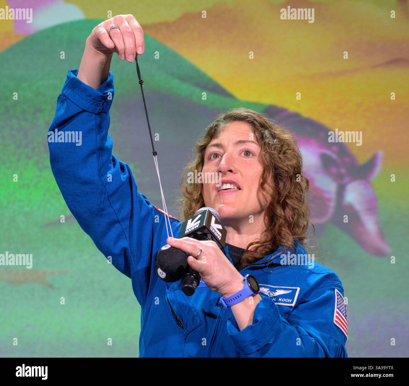 Austin, USA. 07 March, 2025. NASA astronaut Christina Koch shows the ...