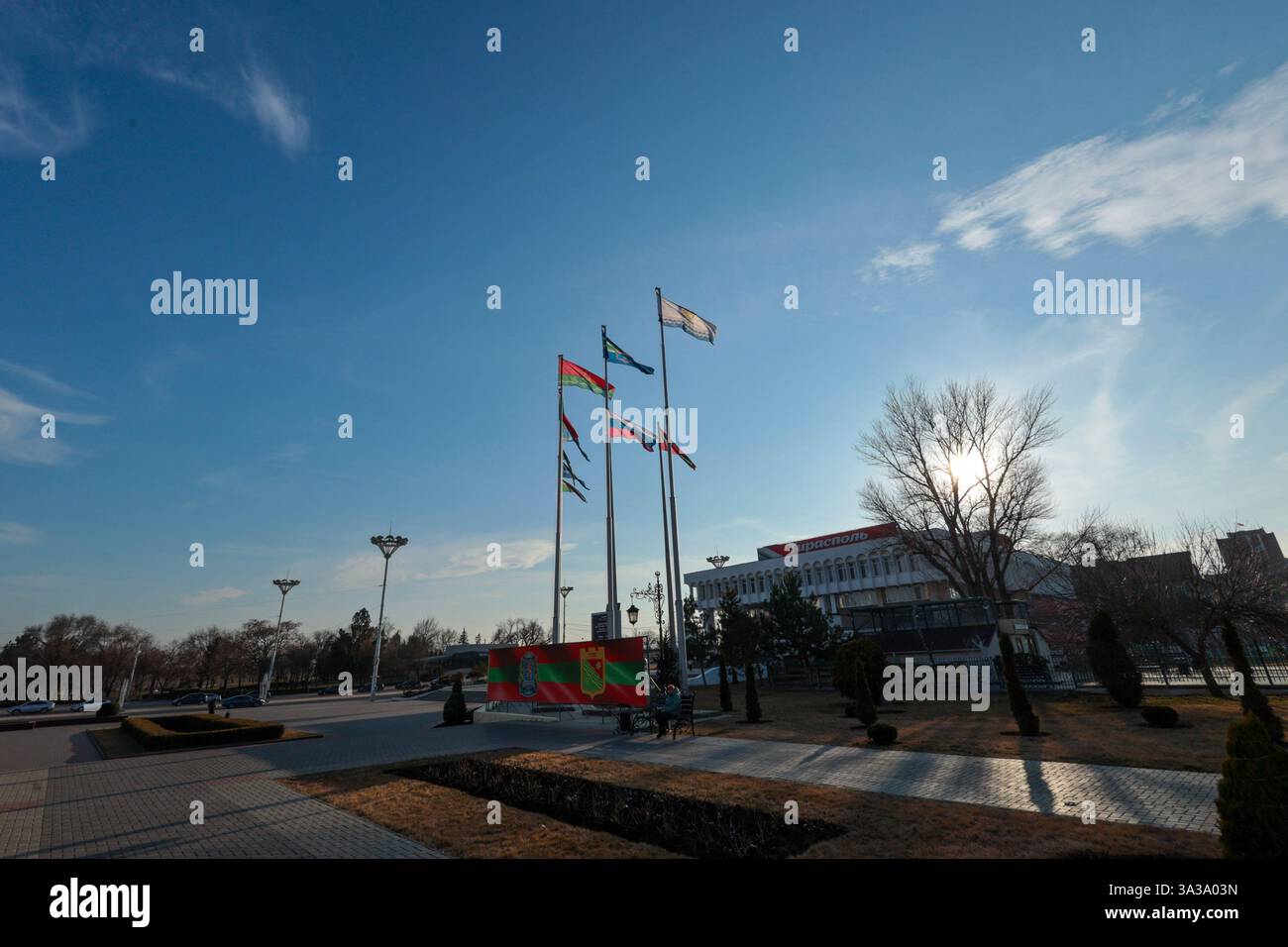raised flags, including Russian and Transnistrian, on Suvurova Square ...