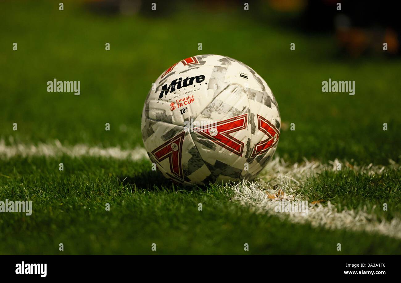 A general view of an official FA Cup match ball on the corner spot of ...
