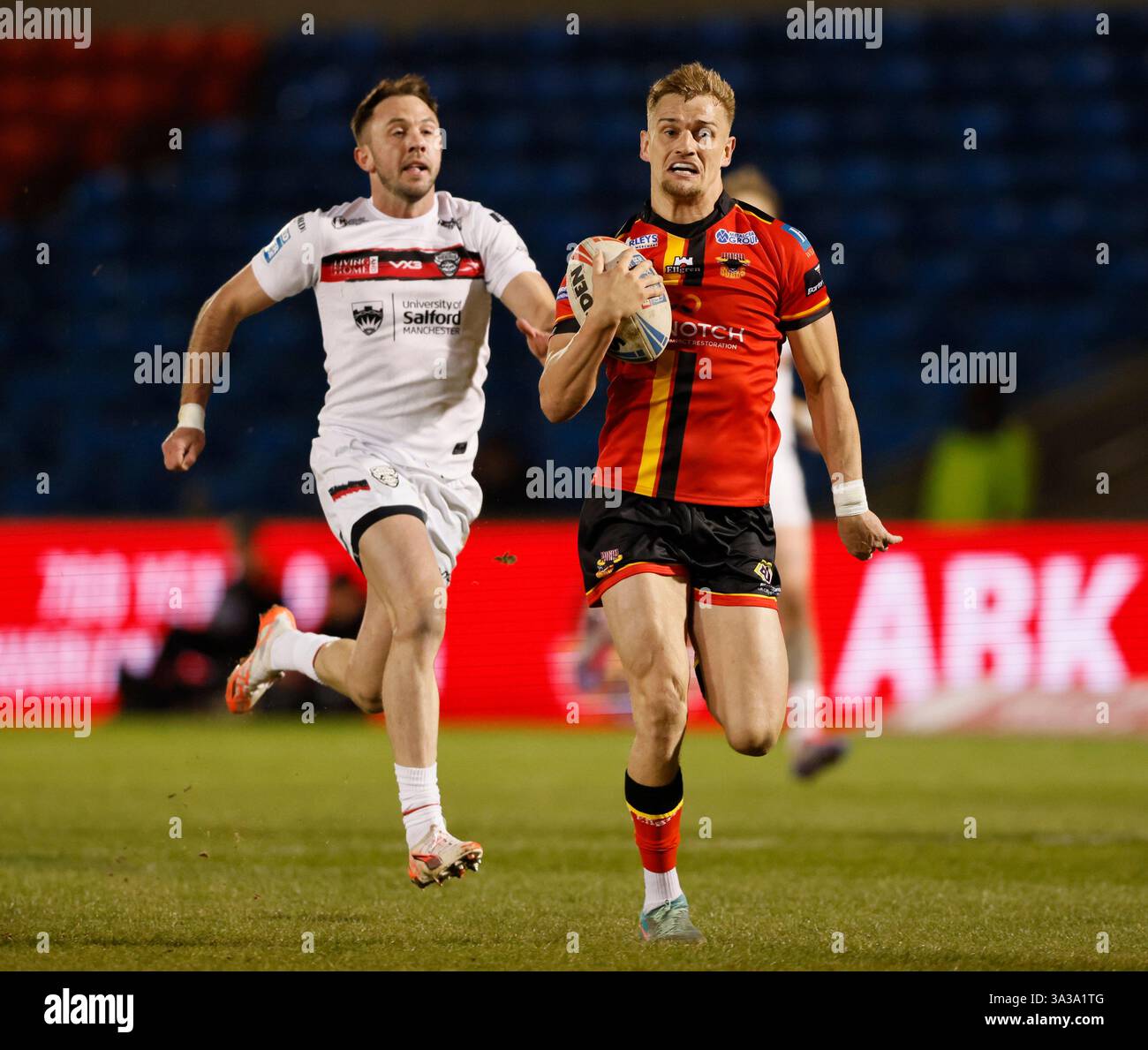 Bradford Bulls' Luke Hooley breaks clear before being tripped by ...
